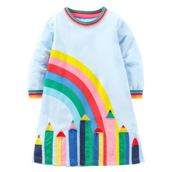 Dresses | Rainbow Pencils Girls Blue Long Sleeve Back To School Tunic ...